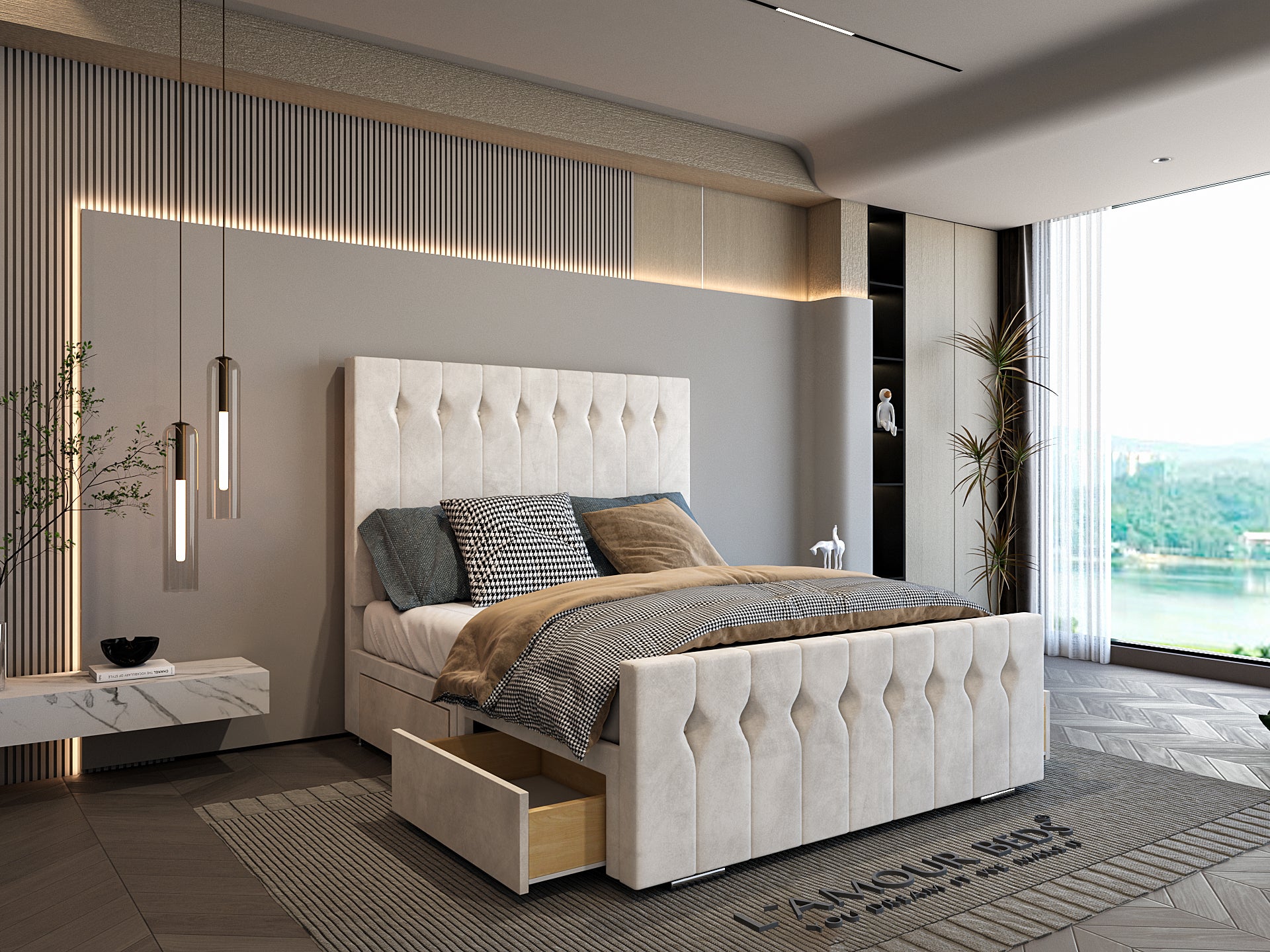 Ana divan panel bed frame with buttons